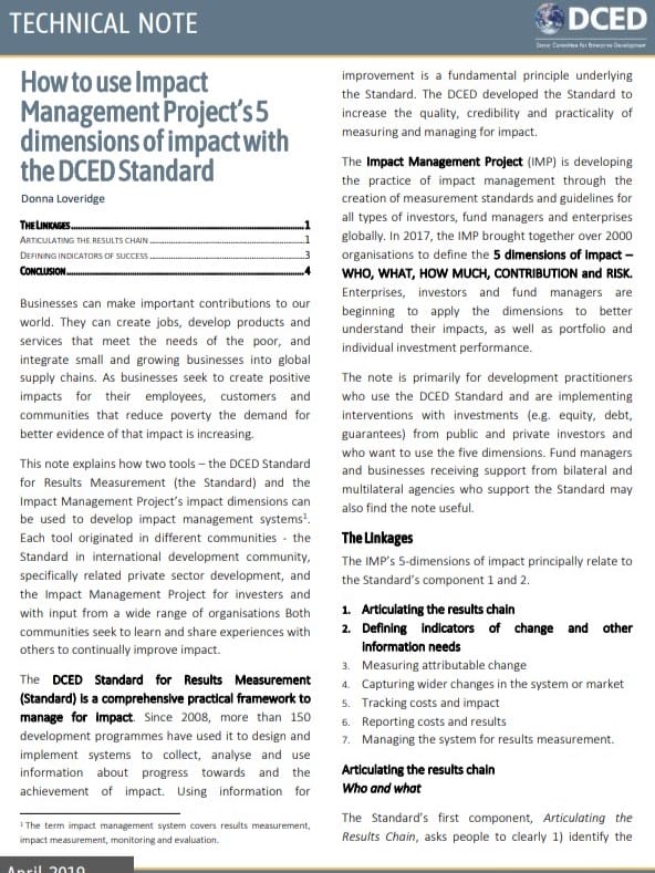Using Impact Management Project’s 5 Dimensions of Impact with the DCED ...